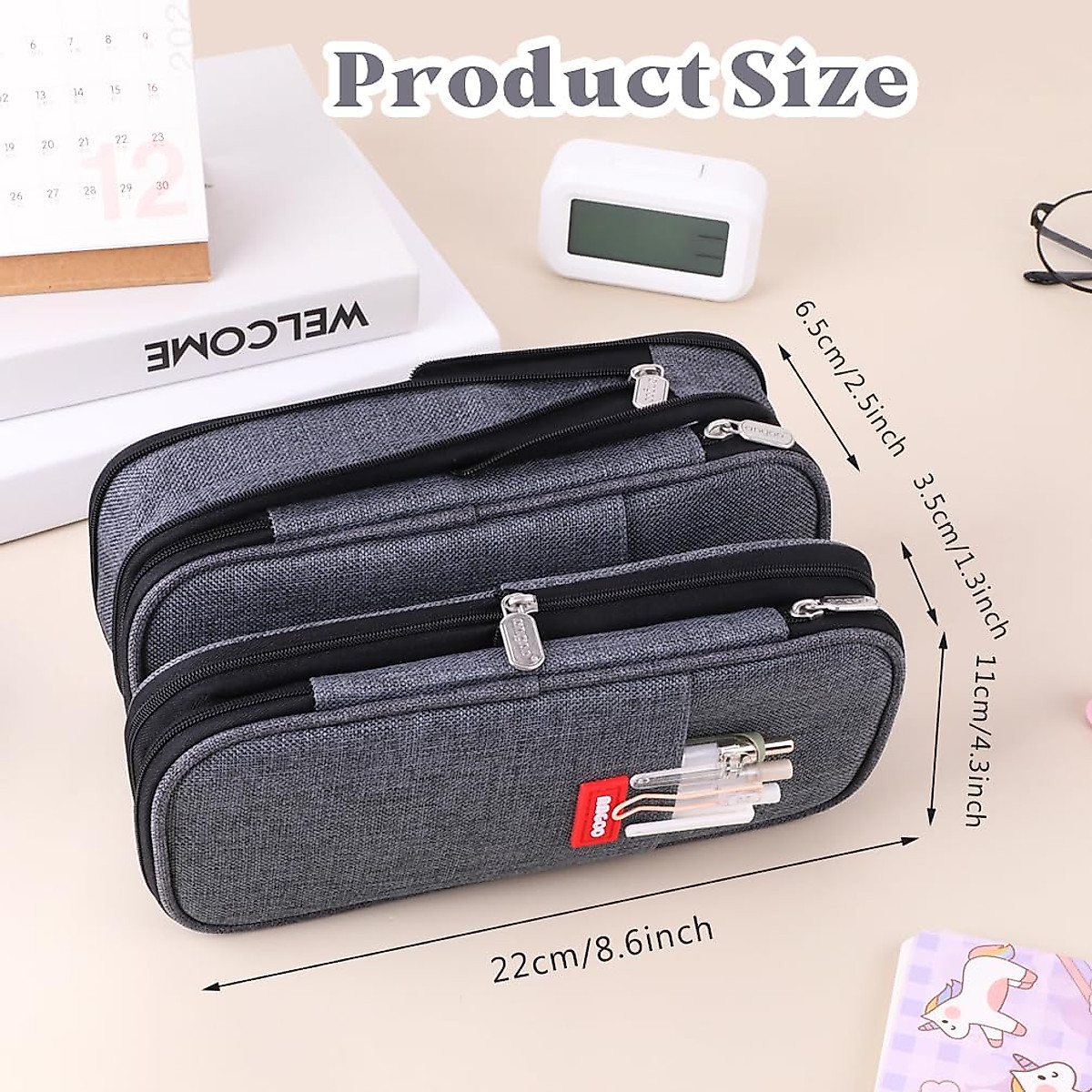 iSuperb Pencil Case Big Capacity Canvas Multifunction 7 Compartment Pen Bag Zipper Stationery Organizer Pouch Square Grid Cosmetic Bag