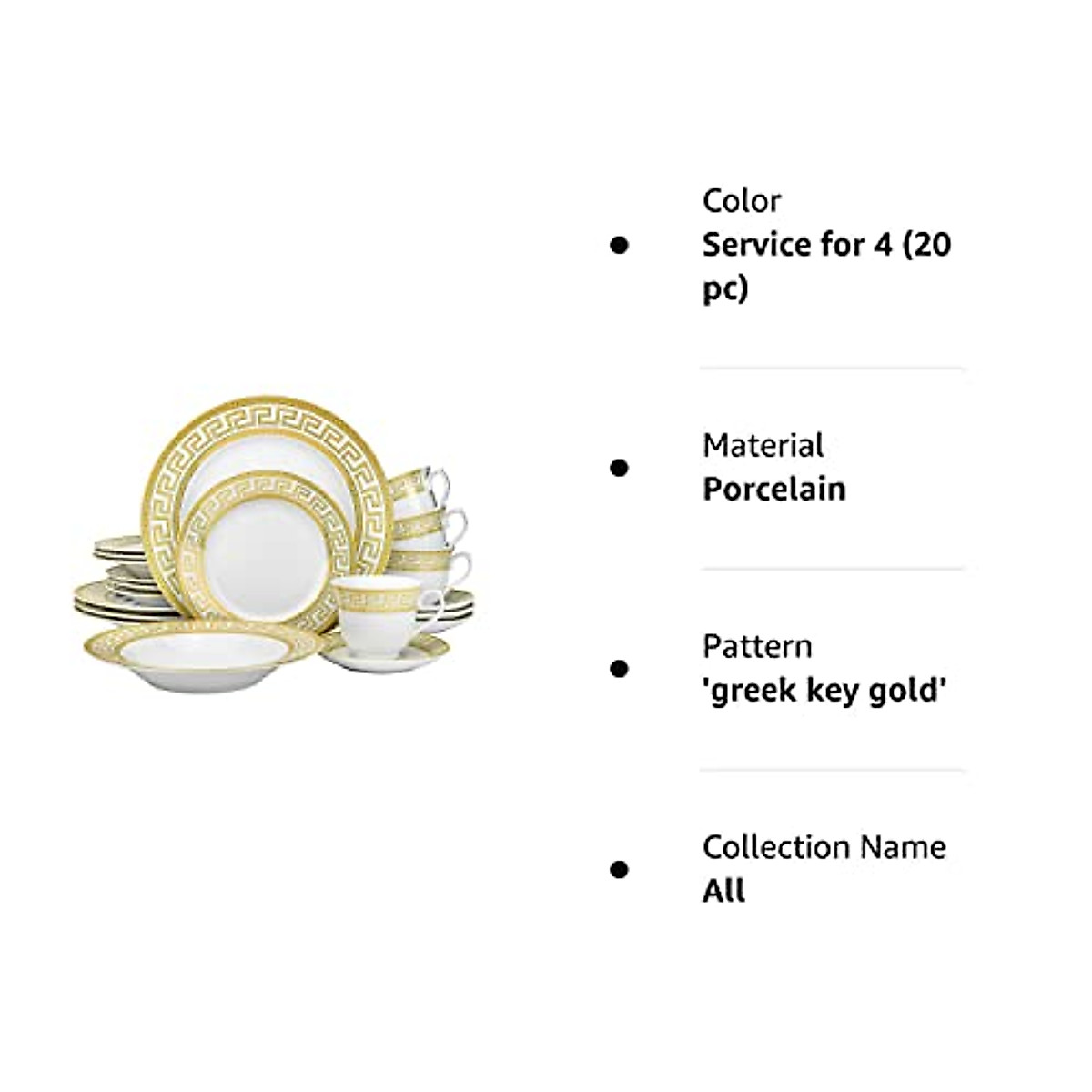 Euro Porcelain Vintage Gold 20 piece Dinnerware Dish Serving Set 'Greek Key Gold' - HQ Fine China Tableware Service for 4