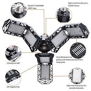 POLARPRA 120W LED Garage Lights 2Pack 12000LM Garage Lights Ceiling LED - 6500K Deformable Garage Lighting Led E26/E27 Screw in LED Lights with 6 Adjustable Led Panels for Workshop Warehouse Attic