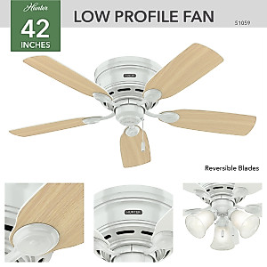 Hunter Fan Company 51059 Indoor Low Profile IV Ceiling Fan with Pull Chain Control, 42", White Finish