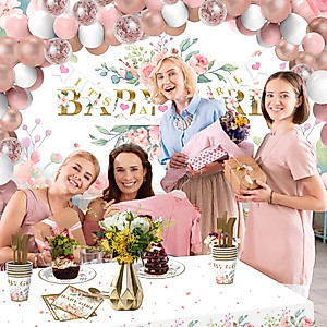 Baby Shower Decorations for Girl，242 PCS of Floral Girl Baby Shower Decorations Party Supplies with Background,Disposable Tableware（25 guests),"It's A Girl" Banner, Balloons Wreath and Tablecloth