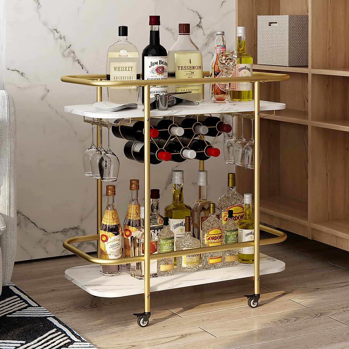 BENOSS Gold Bar Cart on Wheels, Home Bar Serving Carts, Modern Marbled Pattern Wine Cart with Glass Holder Wine Rack, Coffee Tea Drink Trolley, Beverage Bar Cart for the Home Kitchen Living Room Party