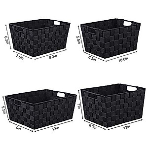LEAVINSKY Woven Storage Box, Woven Strap Storage Basket Bin Container, Stackable Storage Basket, Woven Strap Shelf Organizer, Nylon Storage Basket for Closet, Office, 4 Pack, Black