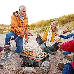 Happygrill Charcoal Grill Portable Barbecue Smoker Grill, Cast Iron Hibachi Grill with Double-sided Grilling Net Air Regulating Door Fire Gate for Outdoor Cooking Camping Hiking Party