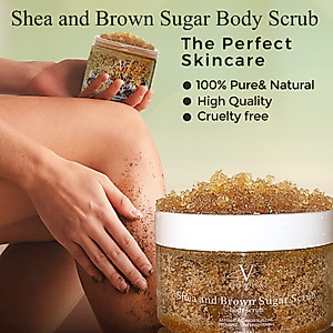 LUVUX Shea Brown Sugar Scrub - Exfoliating Body Scrub for Healthy, Silky, and Instant Glowing Skin – Fights Acne Scars, Stretch Marks, and Wrinkles - Natural Moisturizer and Soothing Texture - 15.84 Oz - Sandalwood Oil Scent