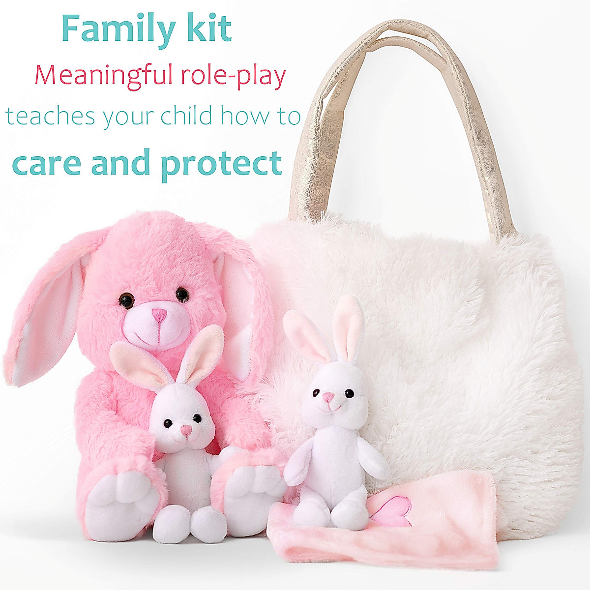 Perfectto Bundle: 2 Stuffed Animal Play Sets for Girls. Unicorn Baby Mommy Bag and Blanket Plus Bunny Mommy, 2 Baby Rabbit Toys, Bag and Doll Blanket. Plush Gift Age 3-8
