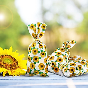 100 Pieces Sunflower Cellophane Bags Sunflower Party Reception Bags Sunflower Party Treat Candy Bags Sunflower Plastic Goodie Storage Bags with 150 Pieces Gold Twist Ties for Party Favors