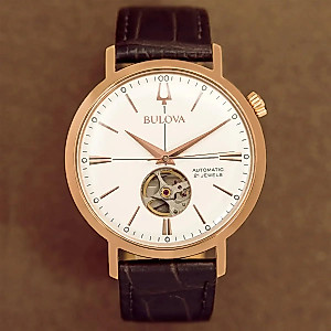 Bulova Men's Classic Aerojet 3-Hand Automatic Leather Strap Watch, Open Aperture, 40-Hour Power Reserve, Double Curved Mineral Crystal, 41mm