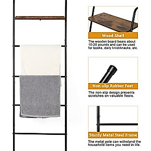 Blanket Ladder Wall Leaning Blanket Rack Farmhouse 5-Tier Metal Blanket Holder with Shelf Bath Towel Storage for Bathroom Quilt Bedroom Living Room Pool Black