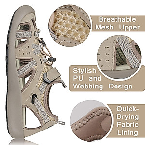 GRITION Women Outdoor Hiking Sandals Summer Beach Sport Comfort Adjustable Closed Toe Protection Casual Breathable Water Shoes Athletic Walking Sandal Beige(9.5 US / 40 EU)