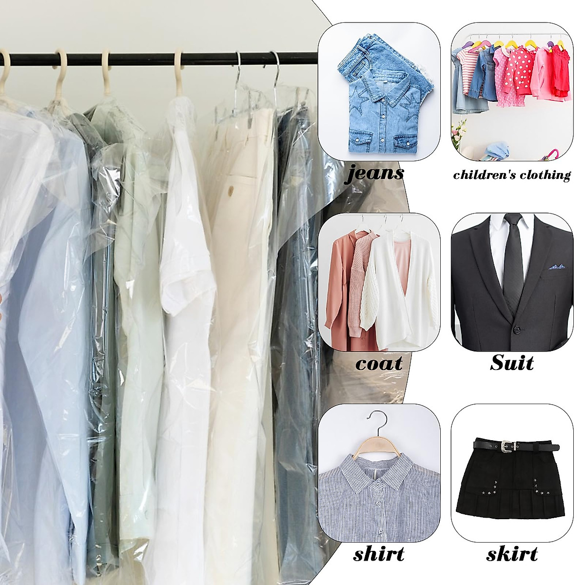 QBXMY7 Garment Bags, Pack of 30 Garment Bags, Transparent Hanging Garment Bags, Plastic Suit Bag, Dustproof Clothes Protector, Waterproof Garment Cover for Suits, Shirts, 60x90cm/60x150cm/60x120cm