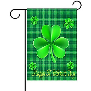 WENWELL Happy St Patricks Day House Garden Flags,Shamrock Buffalo Check Plaid Rustic Burlap Yard Sign Decorations,Spring Banners for Outdoor 12 x 18 Inch Double Sided (Green)