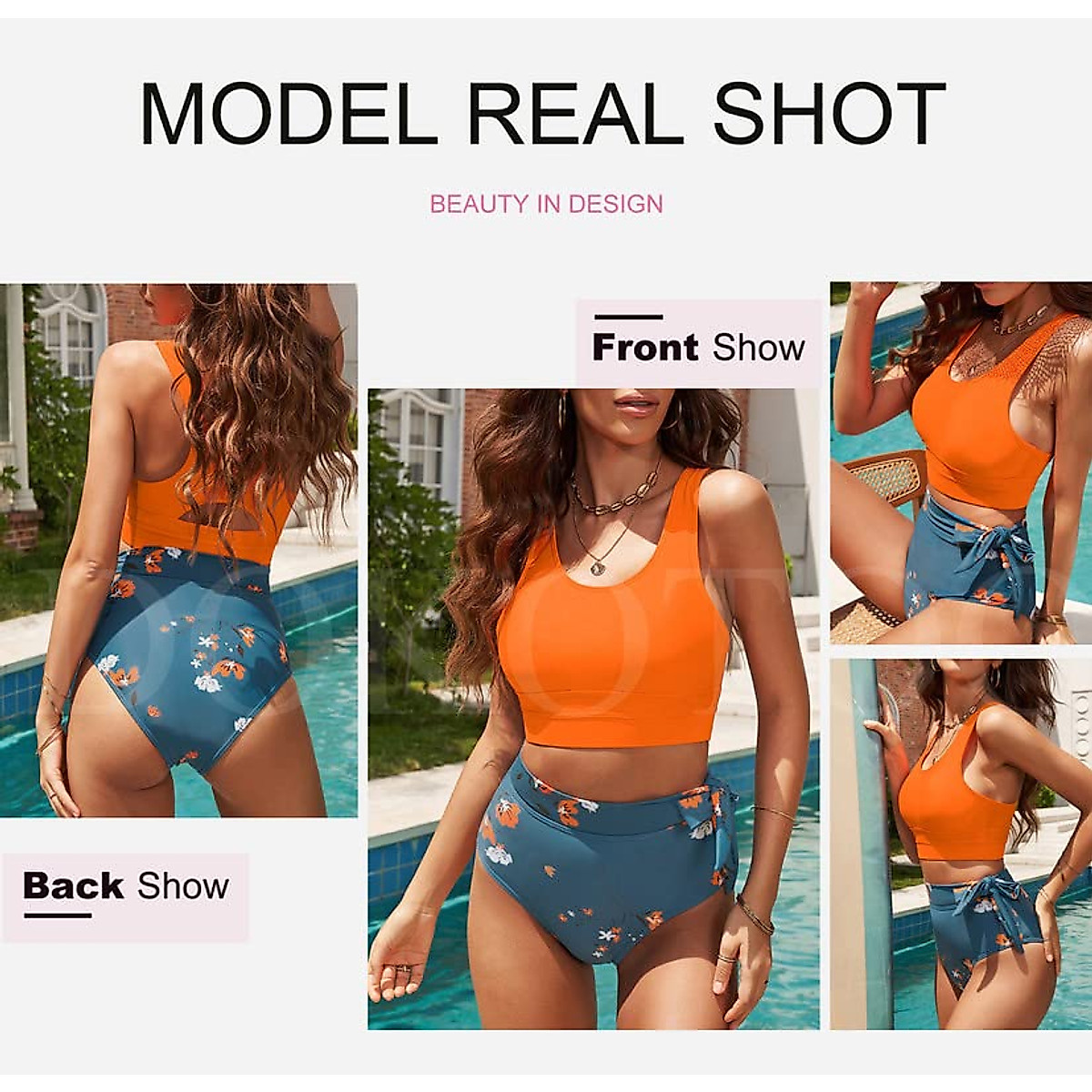 Dokotoo Womens 2 Piece Swimsuit Scoop Neck Sleeveless Racerback Tummy Control High Waisted Tie Knot Flattering Bathing Suits Long Lined Floral Bikini Orange Large