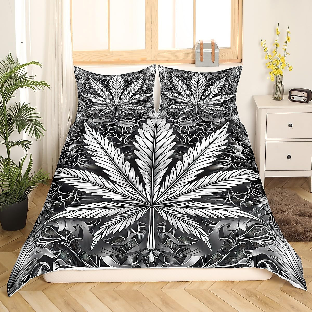 Marijuana Weed Leaf Bedding Set Full Size Psychedelic Cannabis Leaves Duvet Cover Hippie Marijuana Weed Green Leaf Comforter Cover Grey Trippy Hemp Bed Set Quilt Cover 3Pcs (No Comforter)