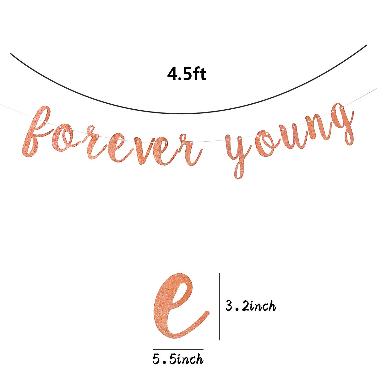 Rose Gold Glitter Forever Young Banner, Bunting Garlands for Men/Women's Birthday Party Decoration Supplies, 30th 40th 50th 60th 70th 80th Birthday Party Background Sign (Pre-Strung)