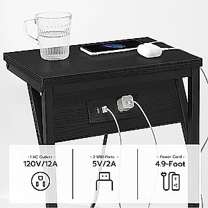 HOOBRO C Shaped End Table with Charging Station, Narrow Sofa Couch Side Table for Small Space, Industrial Bedside Table with Metal Frame for Living Room, Bedroom, Dorm, Black BB06USF01