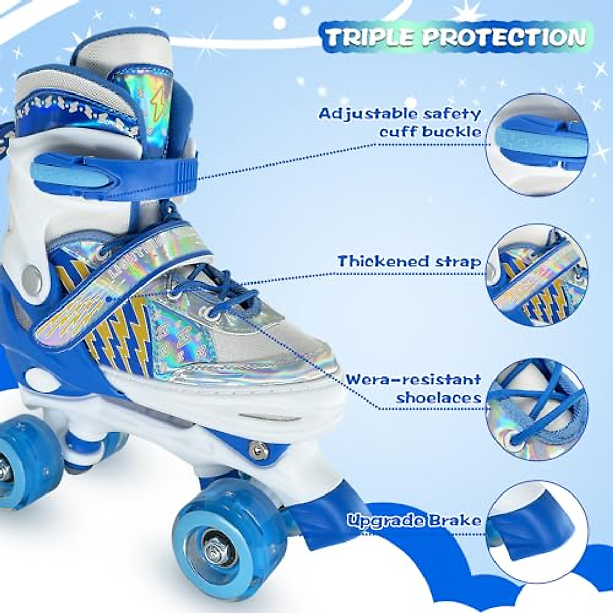 whicow Roller Skates for Boys Girls, 4 Sizes Adjustable Quad Skates for Kids with All Light up Wheels, Full Protection for Toddler's Indoor and Outdoor Sports (Blue, Medium (3Y-6Y US))