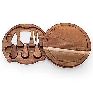 ILEAF Round Slide-Out Acacia Wood Cheese Board and 3 Piece Cheese Tool Set, 7.5 inch Diameter