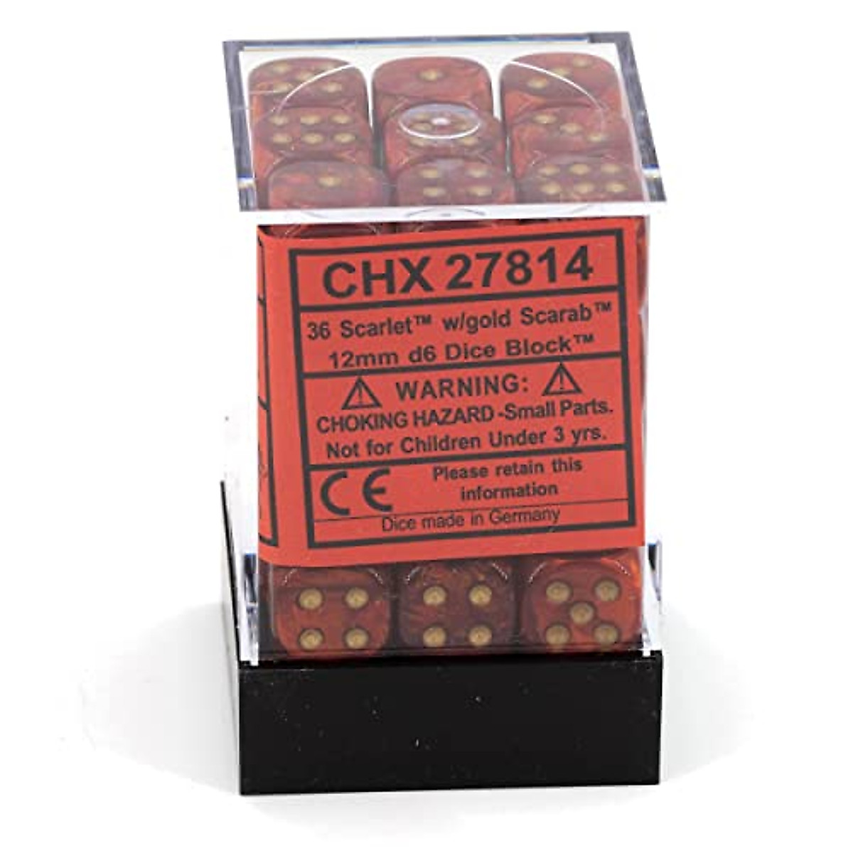 Chessex Dice d6 Sets: Scarab Scarlet with Gold - 12mm Six Sided Die (36) Block of Dice