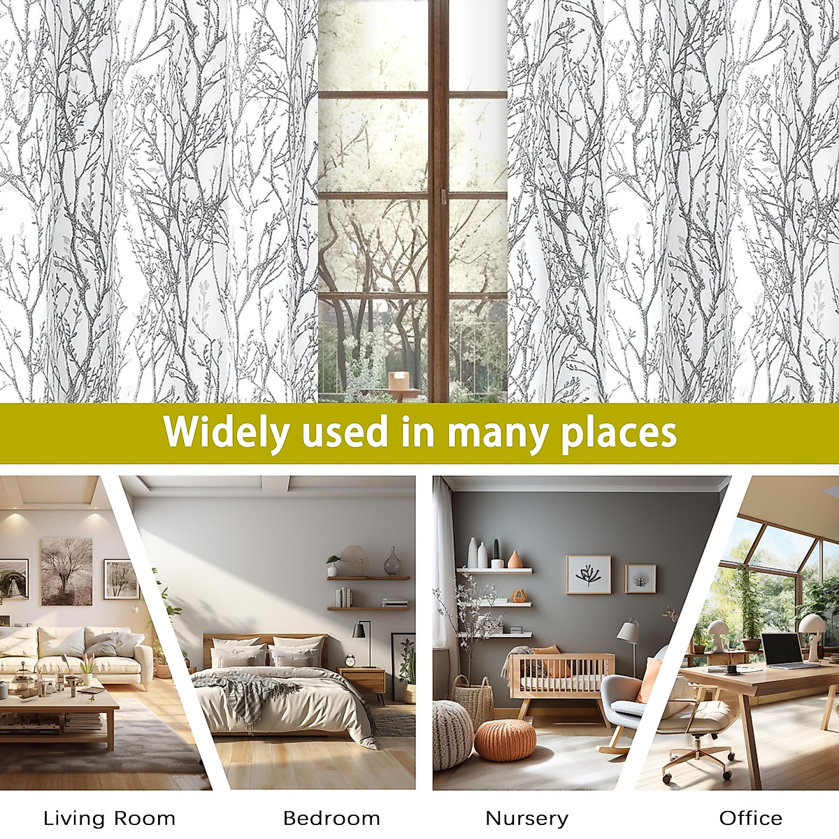 DriftAway Gray White Tree Branch Blackout Curtains for Bedroom Curtains 84 inch Length 2 Panels Set Grey Branch Lined Window Treatment Thermal Grommet Top Curtain for Living Room Winter Warm Curtain