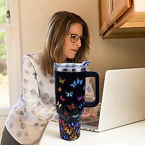 PERRIFIC Butterfly Tumbler 40 oz Tumbler with Handle and Straw Lid Leak Proof - Butterfly Coffee Travel Mug with Handle Insulated for Hot and Cold Drink Ice - Mothers Day Birthday Gifts for Women Cup