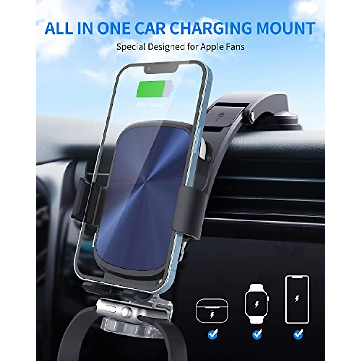 MAKAQI 3 in 1 Wireless Car Charger, Car Charger Mount for iPhone/Airpods/Apple Watch, Air Vent Dashboard Car Phone Holder for iPhone 14/13/12/11/X/8, Apple Watch SE 7/6/5/4/3/2, AirPods 3/2/Pro