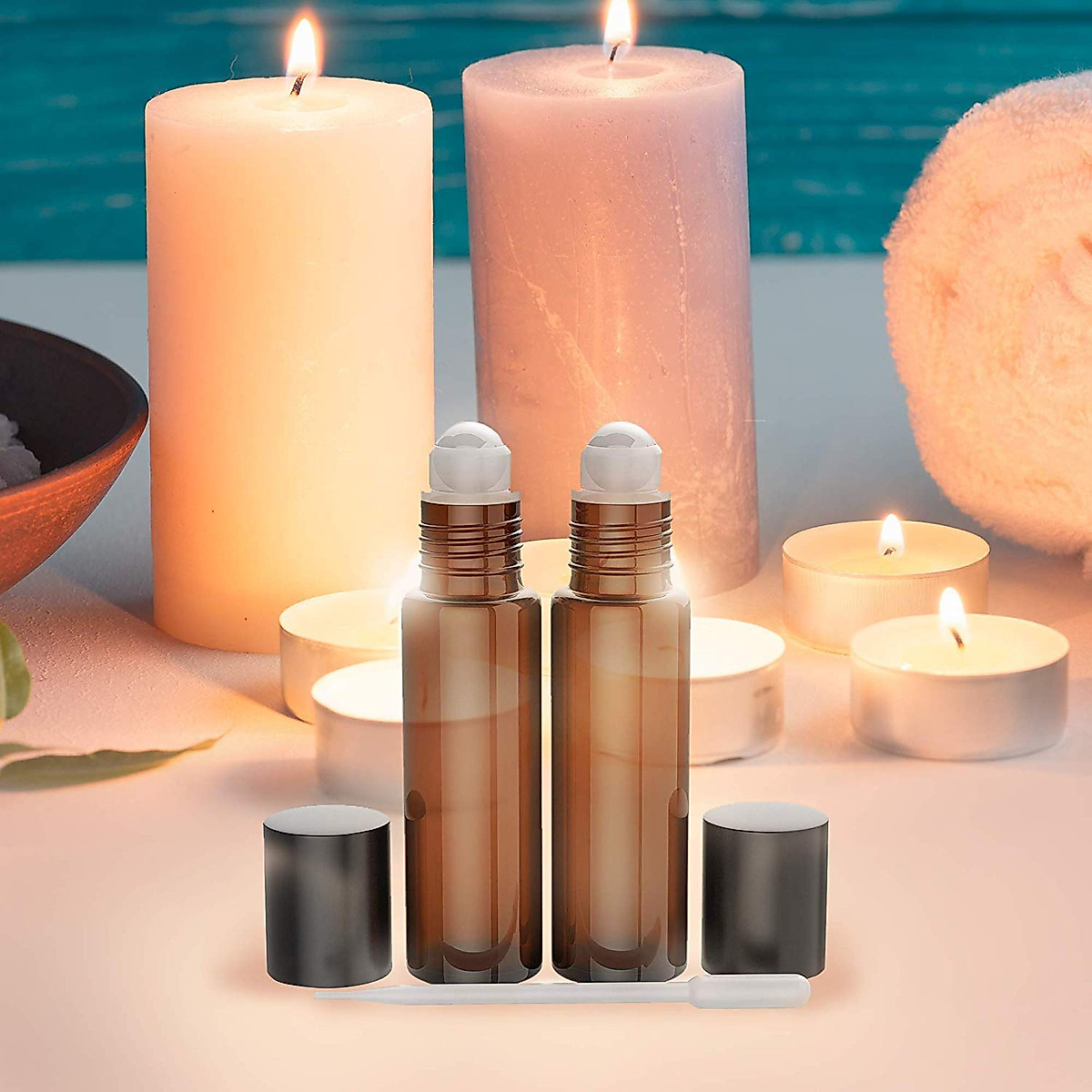 Nylea 8 Pack - Essential Oil Roller Bottles [Metal Chrome Roller Ball] FREE Plastic Pippette Refillable Glass Color Roll On for Fragrance Essential Oil - 10 ml 1/3 oz (Amber)