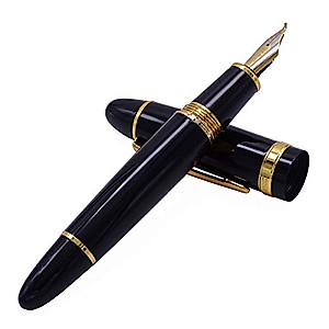 Jinhao 159 Fountain Pen, Fude Pen Bent Nib, Black Lacquer Gold Trim Big Heavy Pen with Pouch and Ink Converter