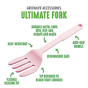 GreenLife Cooking Tools and Utensils, 10-in-1 Silicone Fork to Stir Mix Mash and Scrape, Heat and Stain Resistant, Dishwasher Safe, Soft Pink