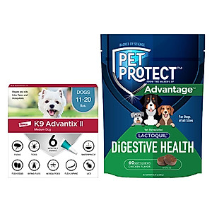 Bundle of K9 Advantix II Medium Dog| Dogs 11-20 lbs. | 6-Mo Supply + Pet Protect Dog Digestive Health Supplement | 60 Chews