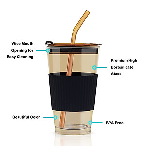 Faynore 16oz Glass Tumbler Colored Glass Cups with Lids and Straws, Drinking Glasses for Juice Beverages Iced Coffee Tea Smoothie Soda Milk (Amber)