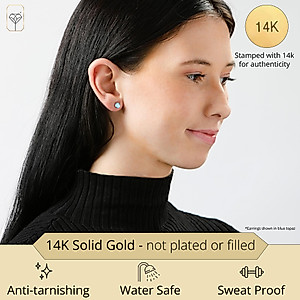 MAX + STONE 14k Yellow Gold Blue Aquamarine Round Stud Earrings for Women | 6mm March Birthstone