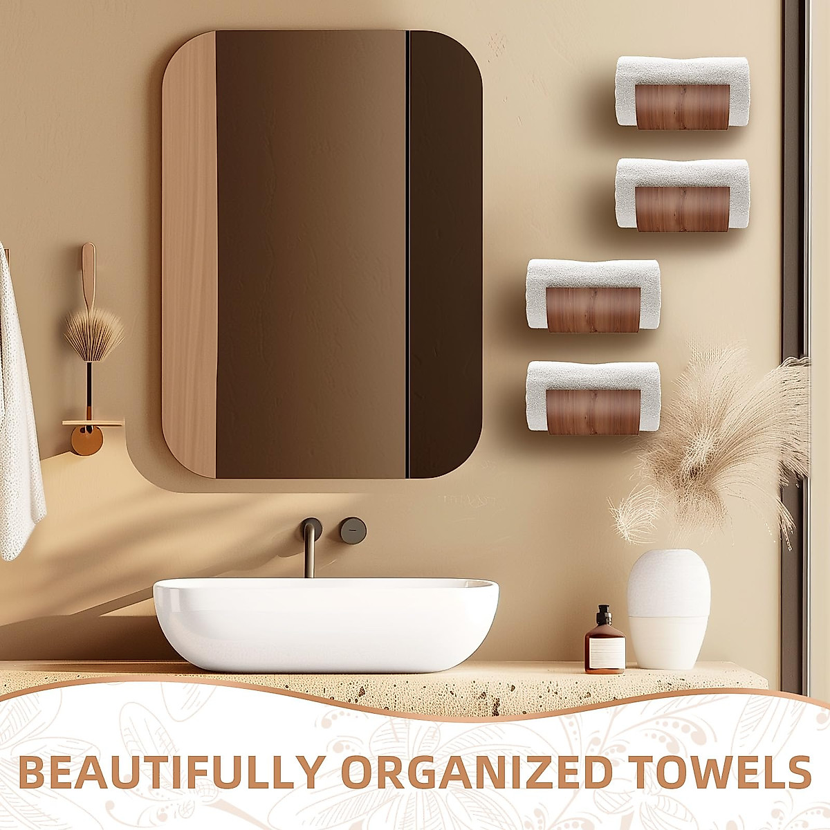 Towel Racks for Bathroom Set of 4 Wall Towel Racks, Versatile Hanging Towel Organizer，Wood Towel Holder for Rolled Towels, Spa, Blanket, Yoga Mat – Easy Installation, Eco-Friendly