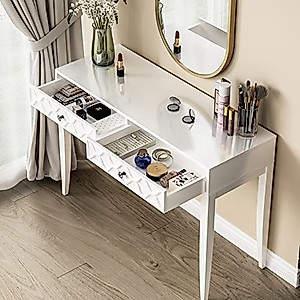 White Vanity Desk with Drawers, Wood Home Office Desk Modern Simple Makeup Vanity Table, 43 Inch Entryway Console Table