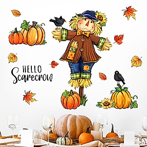 Mfault Fall Hello Scarecrow Wall Decals Stickers, Autumn Pumpkin Maple Leaves Farmhouse Decorations Bedroom Art, Thanksgiving Crow Sunflower Seasonal Home Kitchen Decor