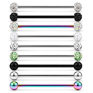 Lcolyoli 14G Stainless Steel Industrial Barbell Earrings for Women Men Cartilage Helix Rings Piercing Jewelry 9 Pieces 1 1/4 Inch (32mm) Rainbow Black Silver