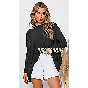 LIYOHON Oversized T Shirts for Women Tunic Tops to Wear with Leggings Long Sleeve Fall Sweaters Dressy Tops Black-L