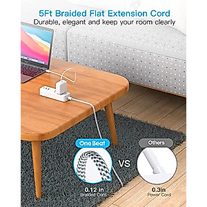 Cruise Essentials, USB C Travel Power Strip, Flat Plug Power Strip with 2 Outlets 3 USB Ports (1 USB C), 5ft Extension Cord Charging Station, Non Surge Protector for Cruise Ship, Travel, Home