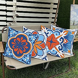 Tlovudori Outdoor Waterproof Throw Pillow Covers Set of 4 Ethnic Floral Printed and Boho Geometry Farmhouse Outdoor Pillow Covers for Patio Furniture Garden 18x18 Inch Blue Orange (18X18Inch, EF-Boho)