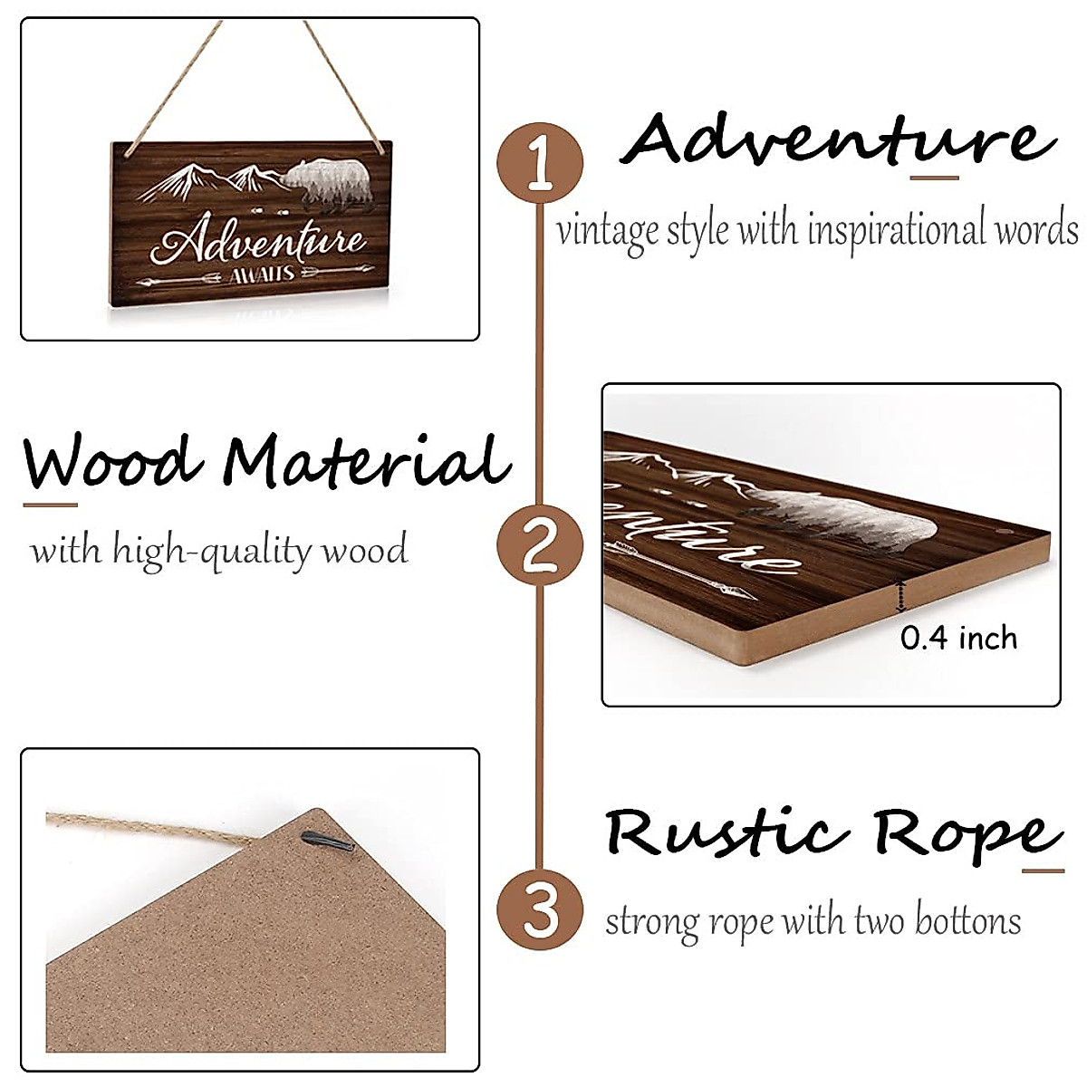 FWIEXA Adventure Awaits Inspirational Quote Sign Hanging, Rustic Wooden Plaque Wall Hanger, Mountain Bear Arrow Decorative Door Sign for Home Garden Store Porch Decor (11''x6'')