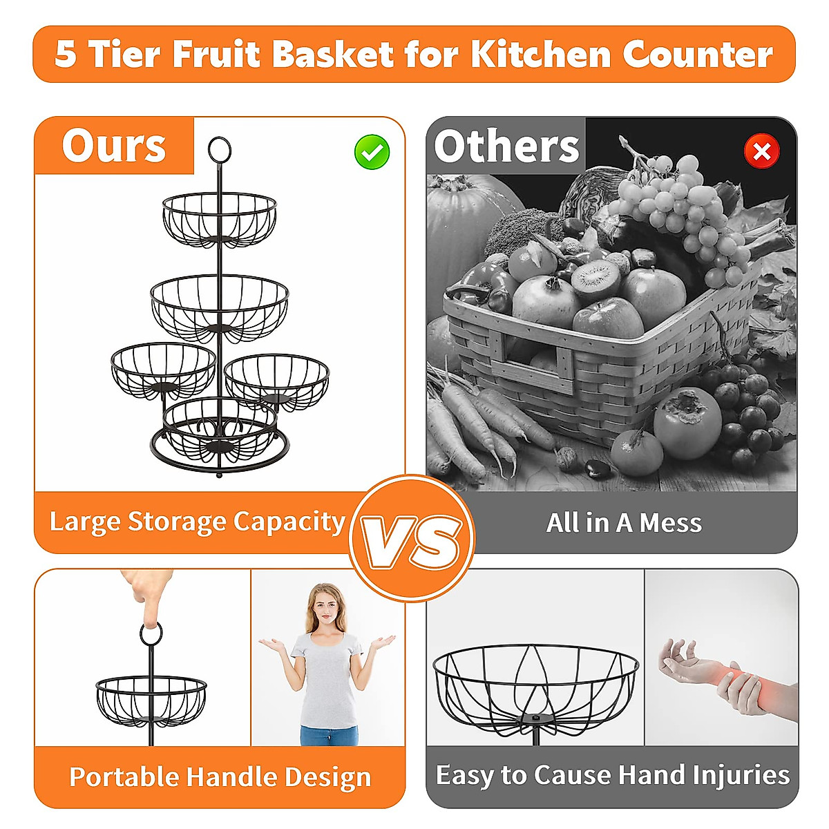 PouHenier.jh 5 Tier Fruit Basket Bowl for Kitchen Counter, Large Capacity Metal Wire Countertop Vegetables Storage Rack, Detachable Produce Stand Holder Organizer for Bread Snack (Black)