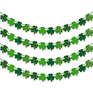 4PCS Felt Shamrock Clover Garland Banner - NO DIY, St. Patrick's Day Decorations - Buffalo Plaid Dark Green Light Green Happy St. Patrick's Day Banner for Home Mantel Office Irish Day Party Supplies
