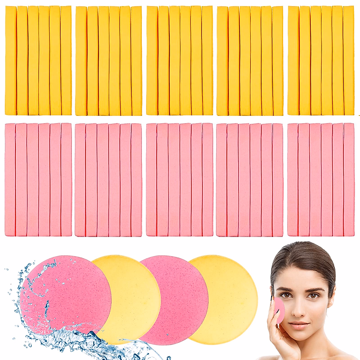 120 Pcs Facial Sponge Compressed,Face Cleansing Sponge Makeup Removal Sponge Pad,Exfoliating Wash Round Sponge for Women,Girls(Pink,Yellow)
