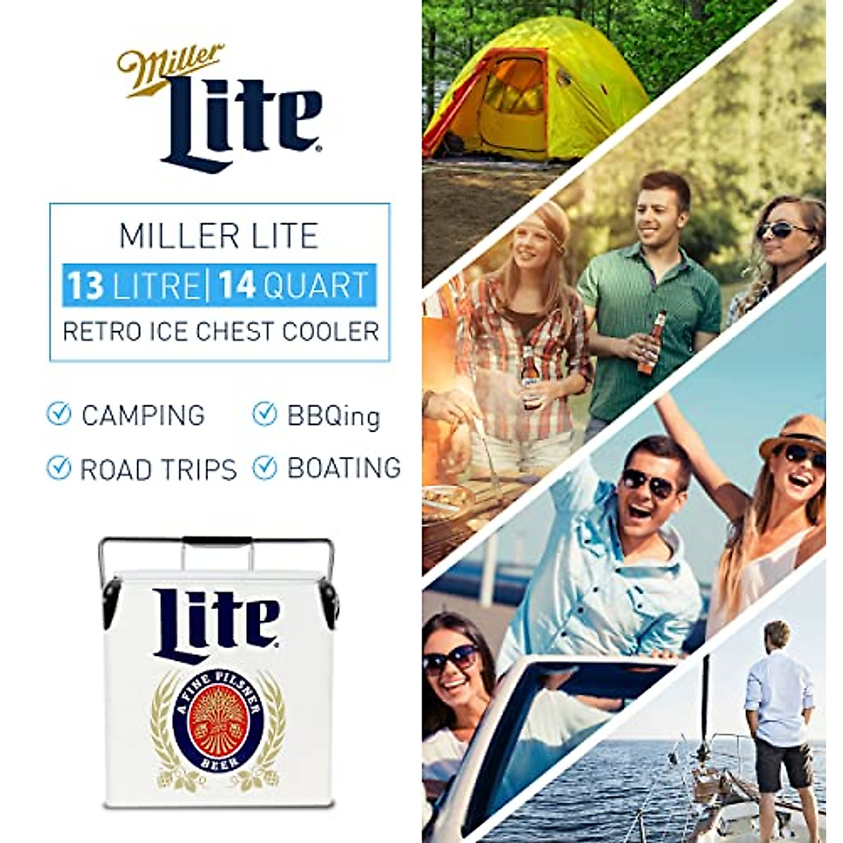 Miller Lite Retro Ice Chest Cooler with Bottle Opener 13L (14 qt), 18 Can Capacity, Blue and Red, Vintage Style Ice Bucket for Camping, Beach, Picnic, RV, BBQs, Tailgating, Fishing