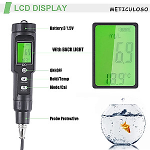 Meticuloso Portable Dissolved Oxygen Meter, DO Range:0-40.00 mg/L, Temperature Compensation: 0-40℃, with Backlight（Not Include Electrolyte Solution)