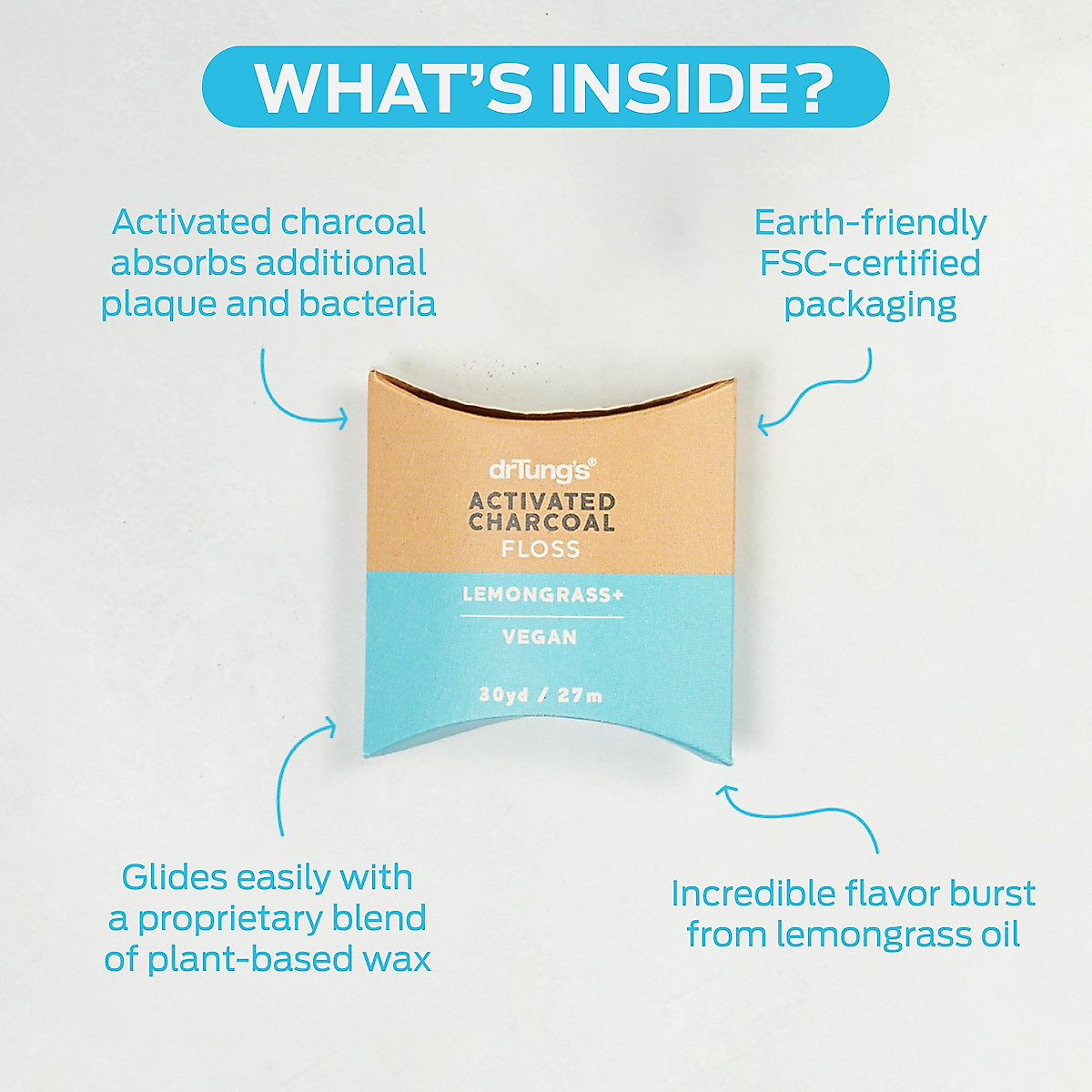 DrTung's Vegan Activated Charcoal Floss - Natural Floss, PTFE & PFAS Free Floss, Gentle on Gums, Expands & Stretches, BPA Free Floss - Natural Dental Floss Lemongrass Flavor (Pack of 2)