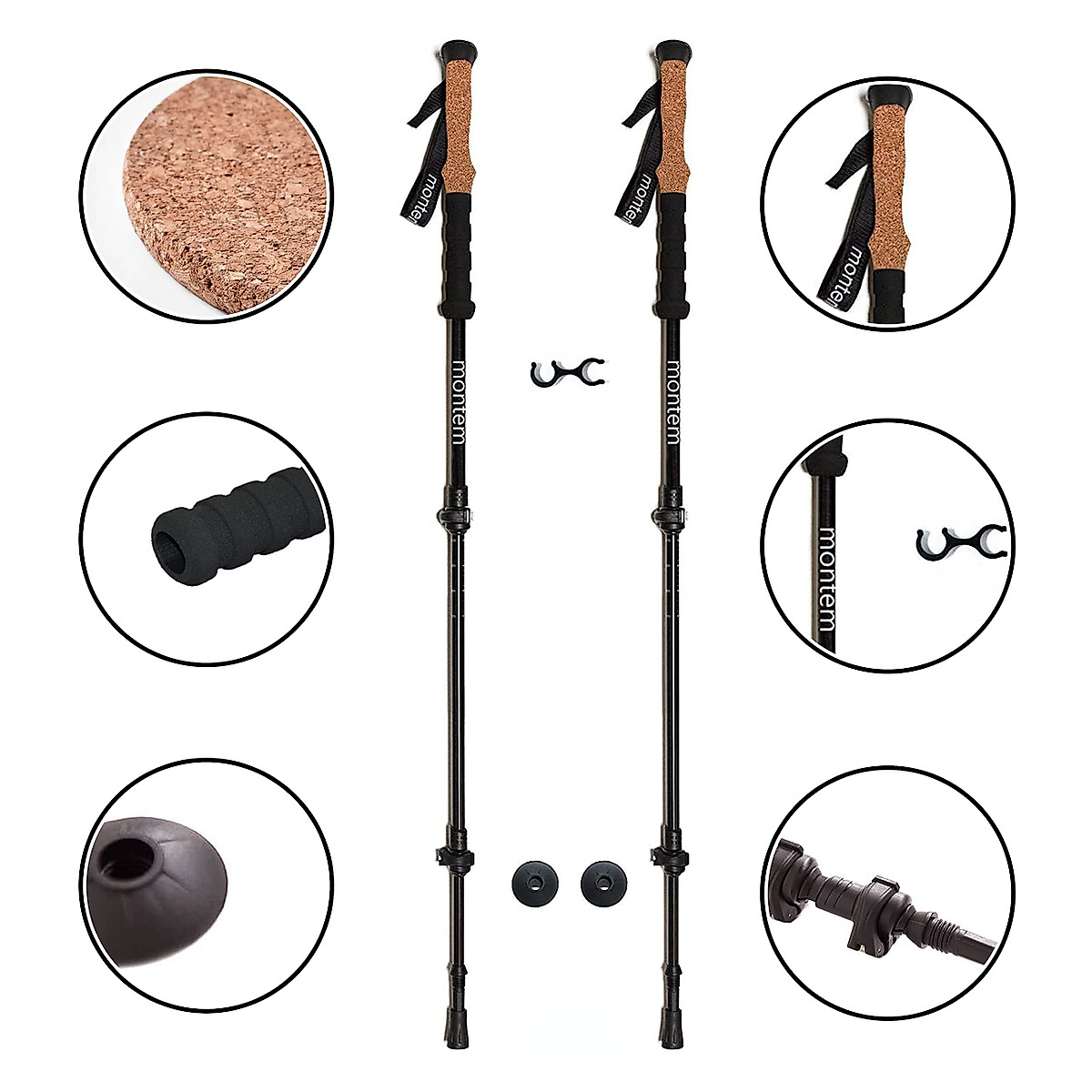 Montem Ultra Strong Trekking, Walking, and Hiking Poles - One Pair (2 Poles) Anti-Shock Cork Handle - Collapsible, Lightweight, Quick Locking, and Ultra Durable
