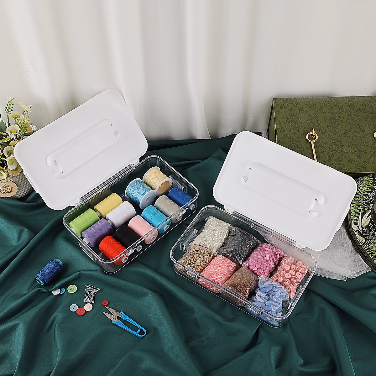 BTSKY 2 Pack Clear Plastic Storage Box with Handle & Flap Lid, Portable Craft Organizers and Storage Box Art Supply Storage Organizer Multipurpose Plastic Sewing Box for Beads Pencils Sticky Notes