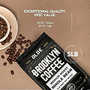 BROOKLYN COFFEE Whole Bean, Classic Medium Roast (5lb) Balanced, Smooth, Mellow - Fresh Bulk Coffee Beans Roasted Weekly in NYC