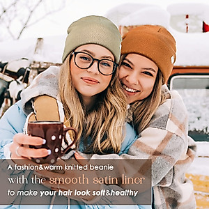 YANIBEST Womens Satin Lined Knit Beanie Hat Acrylic Winter Hats for Women Men Silk Lining Soft Slouchy Warm Cuffed Beanie Hat Blue